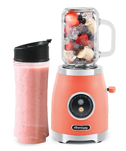 Americana EPB399C BPA Free Glass Blending Jar and Tritan Sports Bottle Blend Personal Smoothie, Crush Ice, Shakes, Keto Protein Blender, 2 Cups, 300 Watts, Coral
