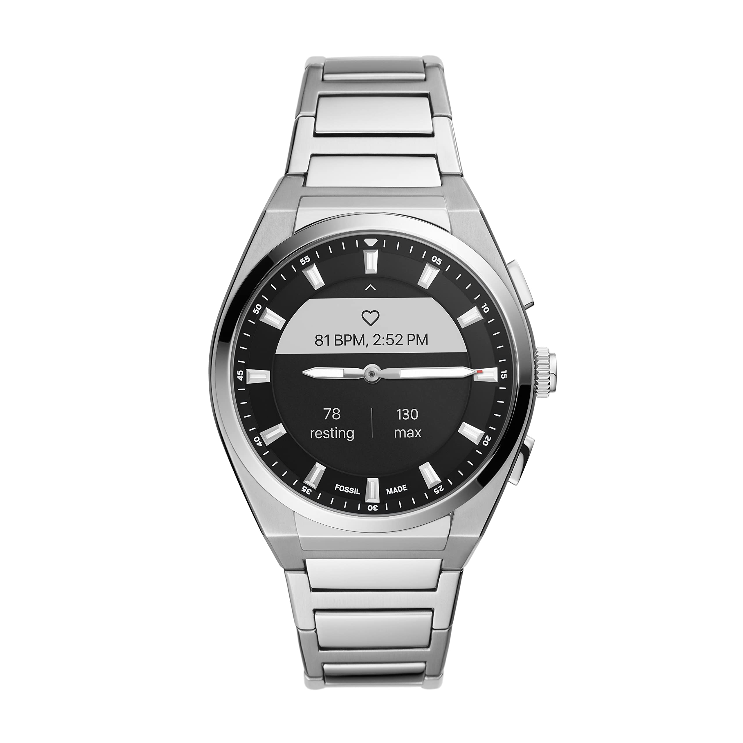 Fossil Men's 42mm Everett Stainless Steel Hybrid HR Smart Watch, Color: Silver (Model: FTW7053)