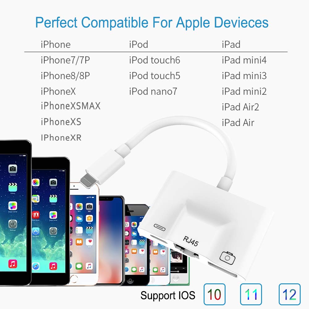 SHARLLEN RJ45 Ethernet LAN Wired Network Adapter,3 in 1 Wired Lightning to Ethernet USB 3 Camera Reader OTG Adapter and Fast Charging Port Compatible for iPhone 12/11/X/XR/8/7,iPad,iPod, iOS Devices
