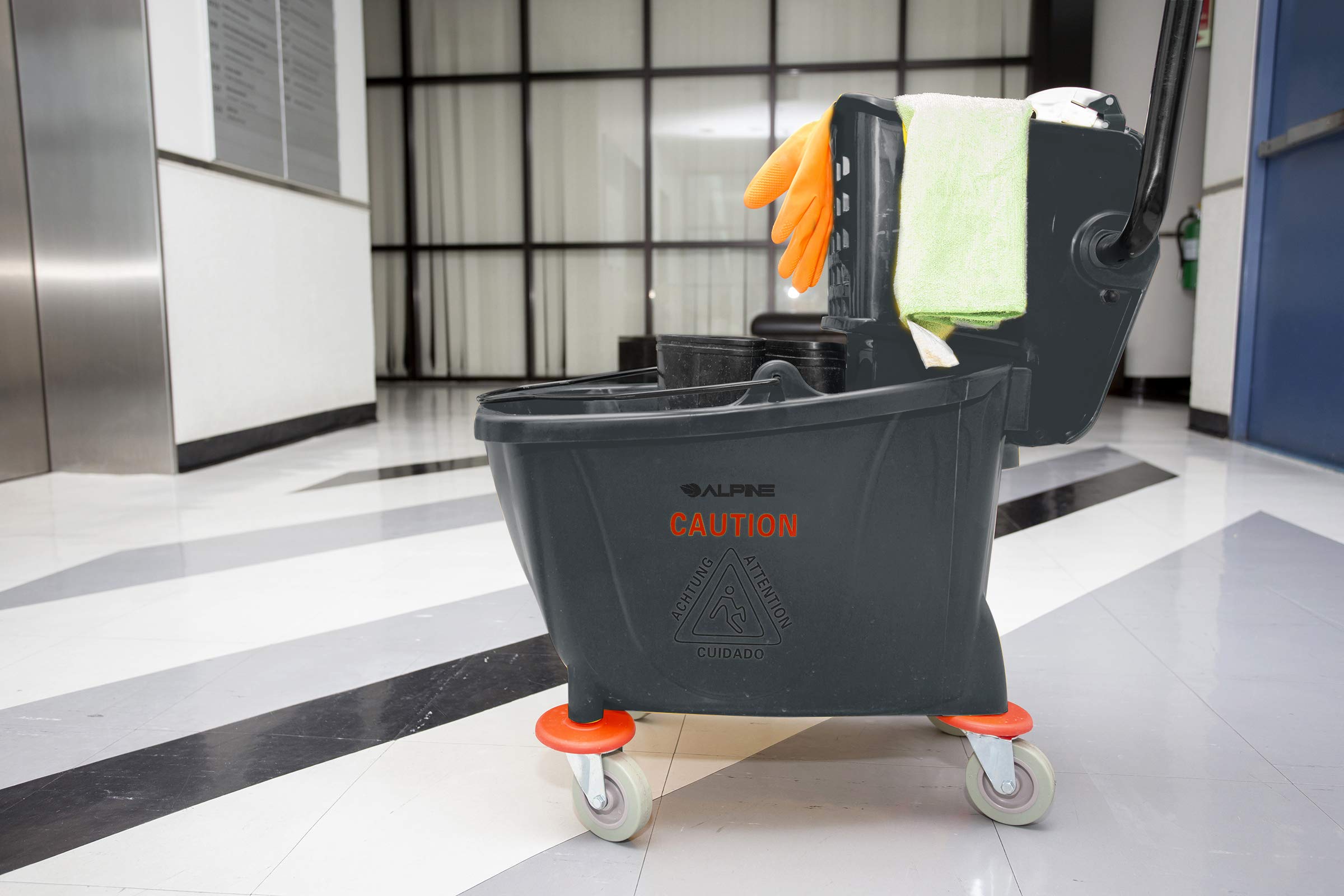 Alpine Industries 36 Quart Heavy Duty Mop Bucket with Removable Side Wringer, Rounded Front Lip, and Non Marking Wheels, Gray,ALP462-GRY