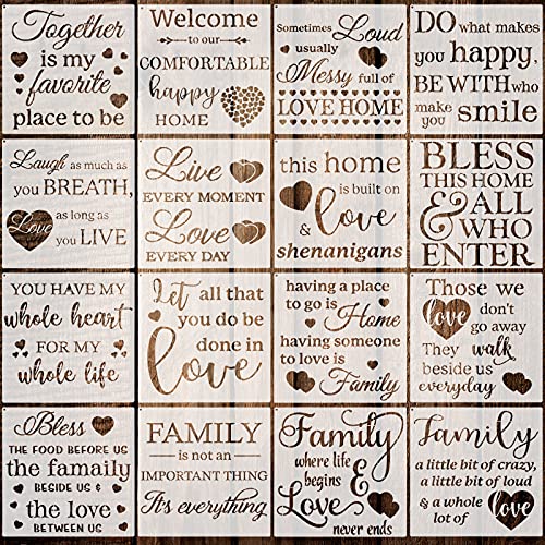 16 Pieces Inspirational Word Stencils Family Sign Stencils Reusable Stencils Love Home Template with Metal Open Ring for Painting on Wood, Porch, Front Door, Wall Decor (11.02 x 11.02 Inch)