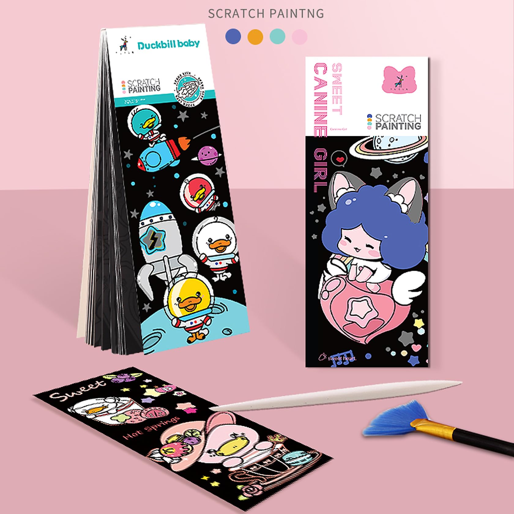 40 Card Rainbow Sparkle Scratch Painting Note, Hand-Eye Coordination Art&Crafts, Mini Magic Scratch DIY Graffiti Creative Bookmarks Gift for Kids&Adults, 8.5''x3.2'' (Canine Girl/Duckbill Baby Space)
