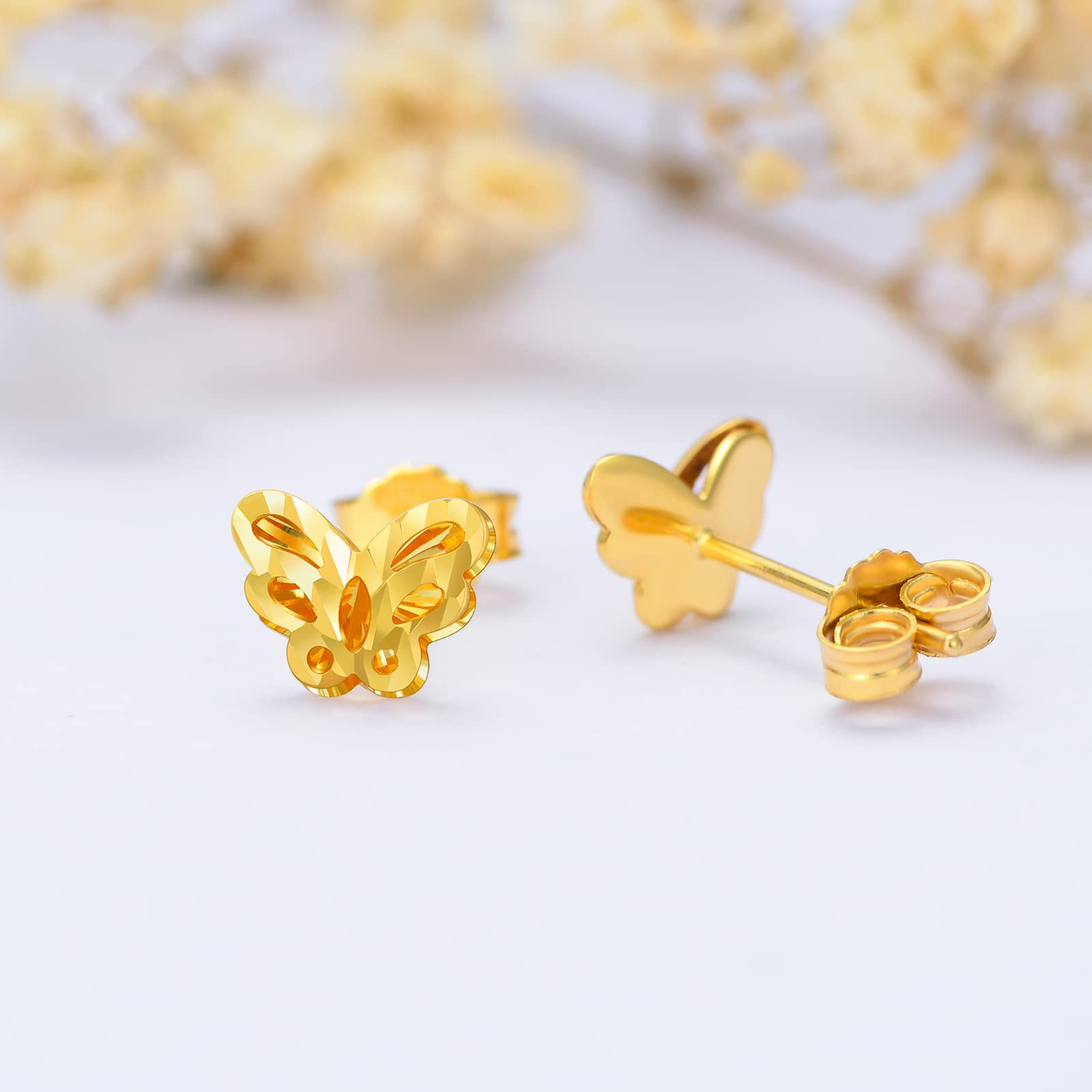 18kt Solid Gold Butterfly Earrings for Women, Delicate Yellow Gold Diamond-cut Butterfly Stud Jewelry Anniversary Present for Her, Wife, Mom, Girlfriend