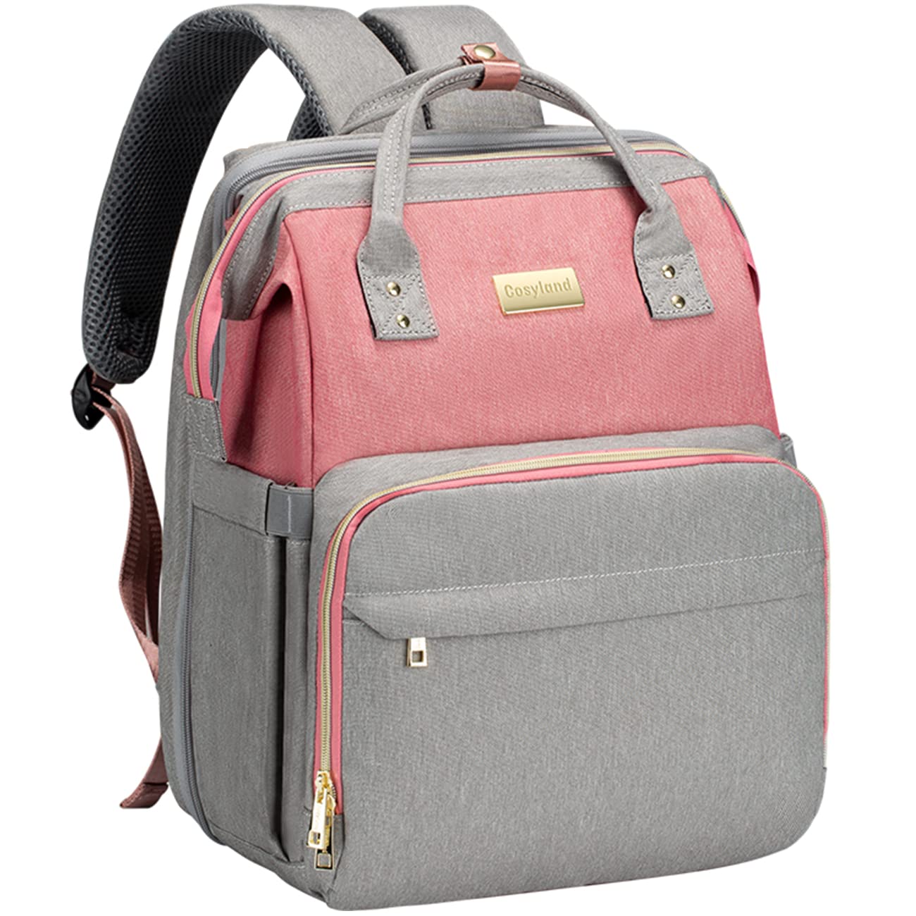 COSYLAND Diaper Bag Backpack Large Capacity Baby Bag for Boy Girl Water-repellent Multifunction Travel Back Pack with Changing Pad & Stroller Straps for Mom Dad, Pink/Grey