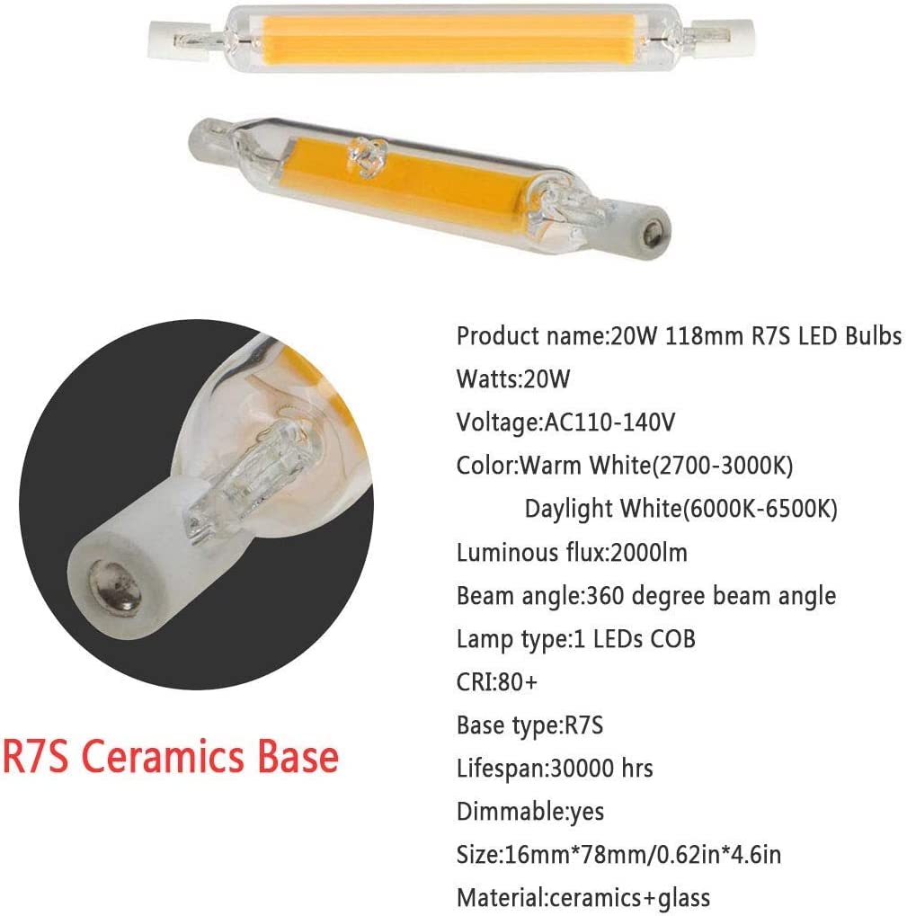 118mm 20W R7S LED Bulb 200W Halogen Equivalent 118mm J-Type High Brightness 20W 120V R7S Base 6000K Daylight White J Type T3 118mm Double Ended Flood Light 360°Beam Angle, Pack of 4