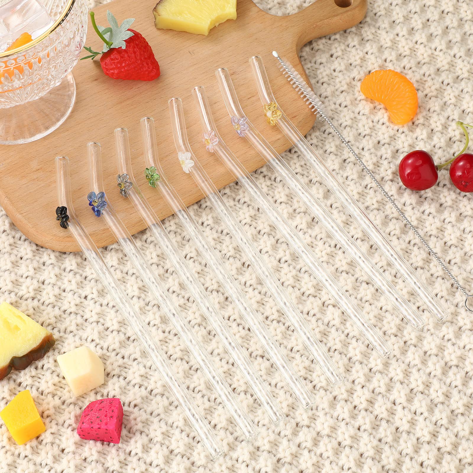 16 Pieces Reusable Glass Straw with Flower Cute Colorful Glass Straws with Design 7.87 x 0.31" Shatter Resistant Bend Straws and Cleaning Brush for Cocktail Hot or Cold Drinks