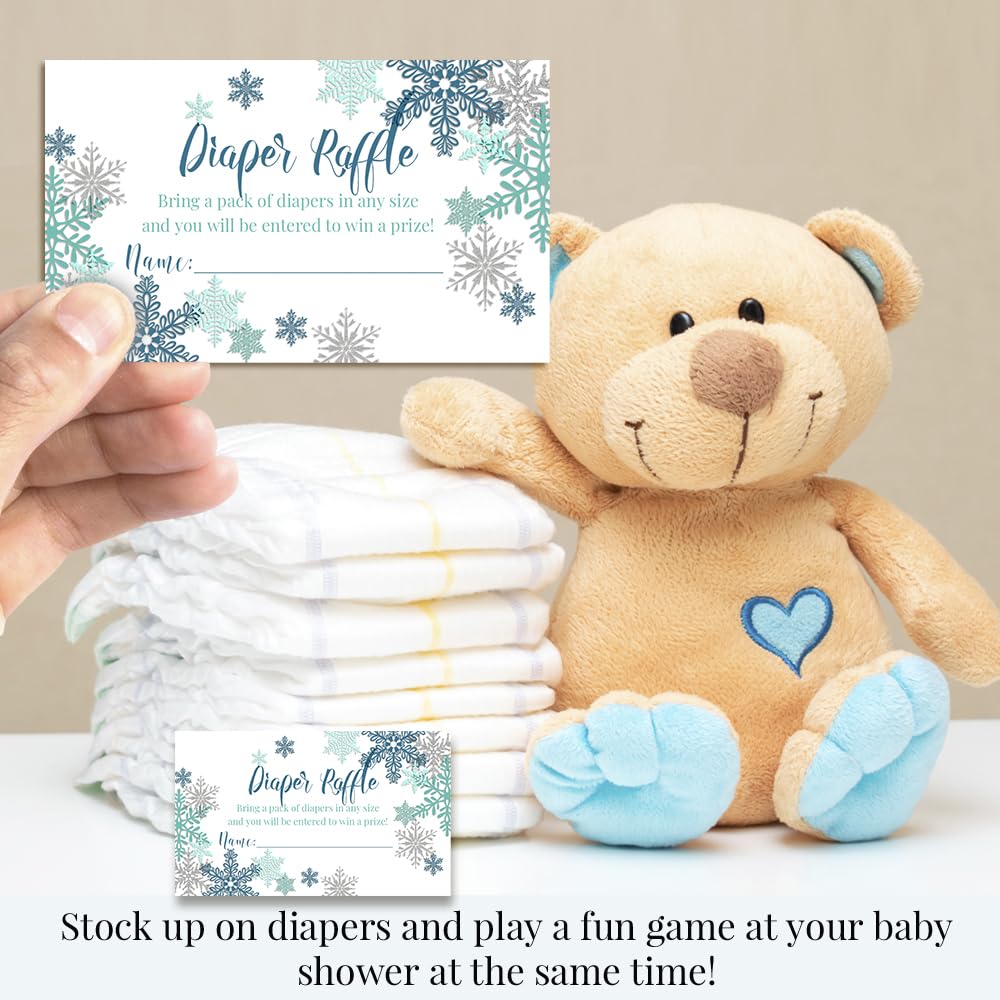 Amanda Creation Blue and Silver Snowflake Diaper Raffle Tickets for Boy Baby Showers, 20 2" X 3β Double Sided Insert Cards for Games, Bring a Pack of Diapers to Win Favors & Prizes!