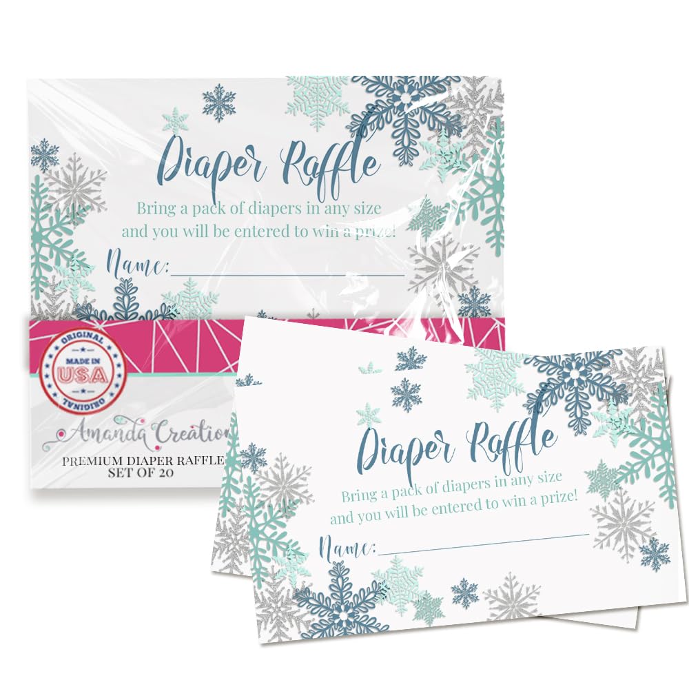 Amanda Creation Blue and Silver Snowflake Diaper Raffle Tickets for Boy Baby Showers, 20 2" X 3” Double Sided Insert Cards for Games, Bring a Pack of Diapers to Win Favors & Prizes!