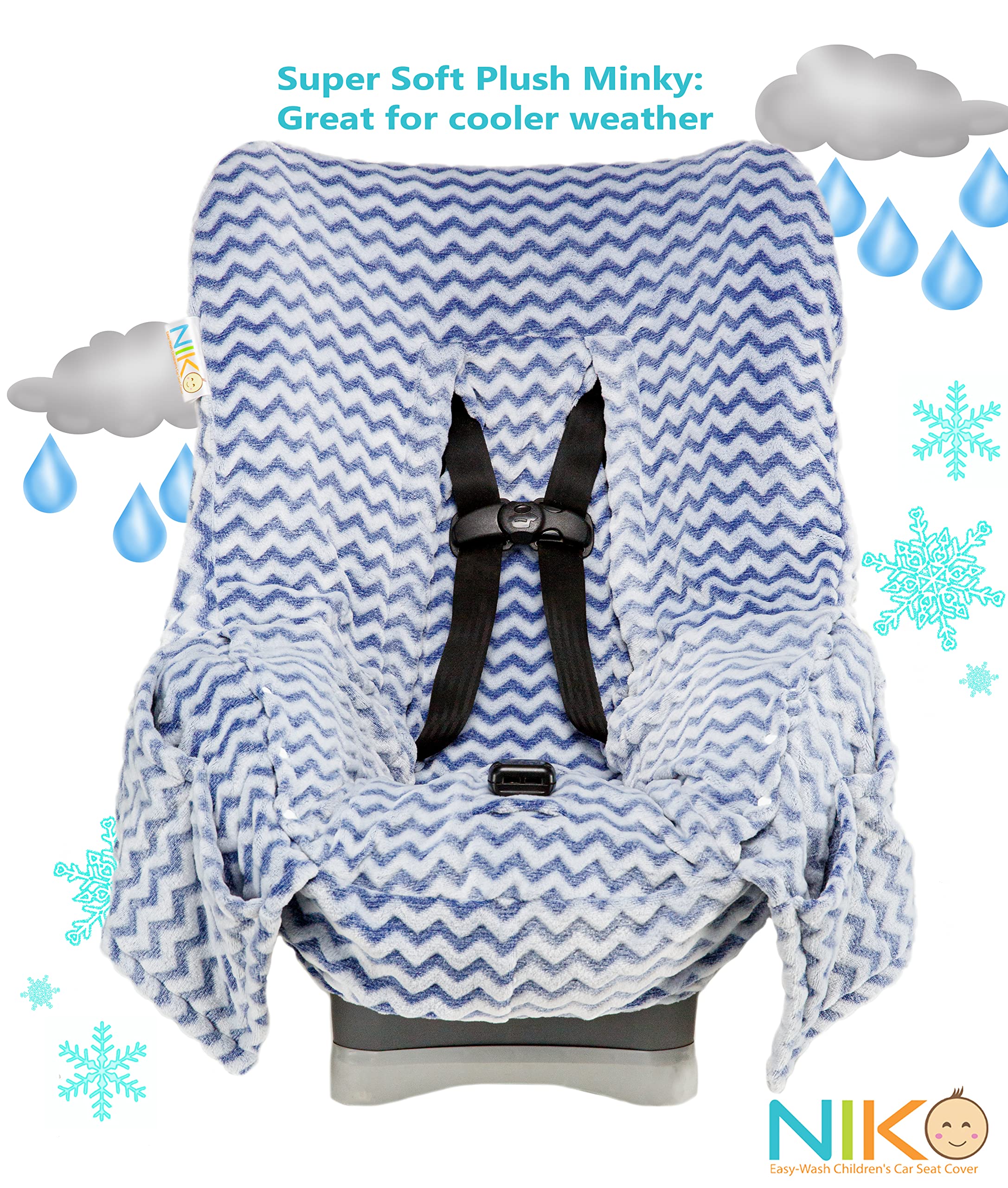 Niko Easy Wash Children's Car Seat Cover & Liner - Blue Chevron Minky - Great for Winter Weather - Universal FIT - Crash Tested - Waterproof SEAT Bottom - Mess Protection - Machine Washable