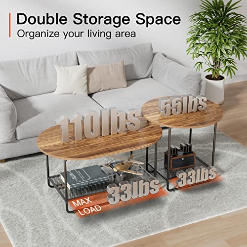 Amada Coffee Table Set, 2-Tier Center Table with Open Shelf and Metal Frame, Modern Round Coffee Table for Living Room, Set of 2, AMCT2V