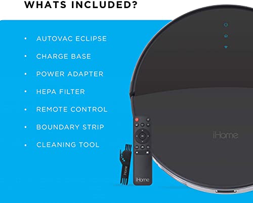 iHome AutoVac Eclipse, Robot Vacuum Cleaner, Self Charging Vacuum Robot, Mopping Function, 2,000 PA Suction, APP Control, Mapping Technology, Set Schedules, Ideal for Pet Hair, Carpets & Hard Floors