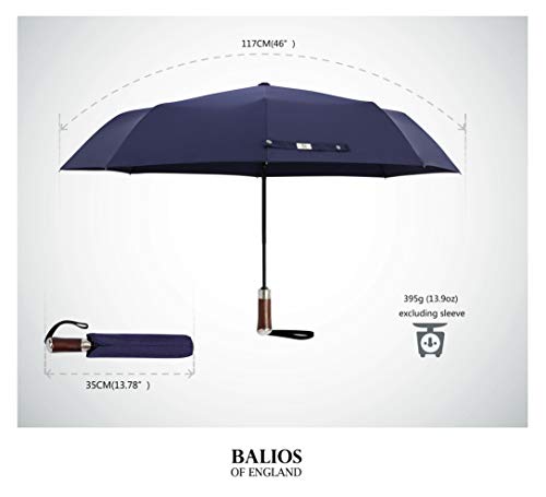 Balios (Designed in UK) Travel Umbrella Luxurious Golden Rosewood Handle Auto Open & Close Windproof Frame Single Canopy Automatic Folding Umbrella Men's & Ladies (Dark Navy)