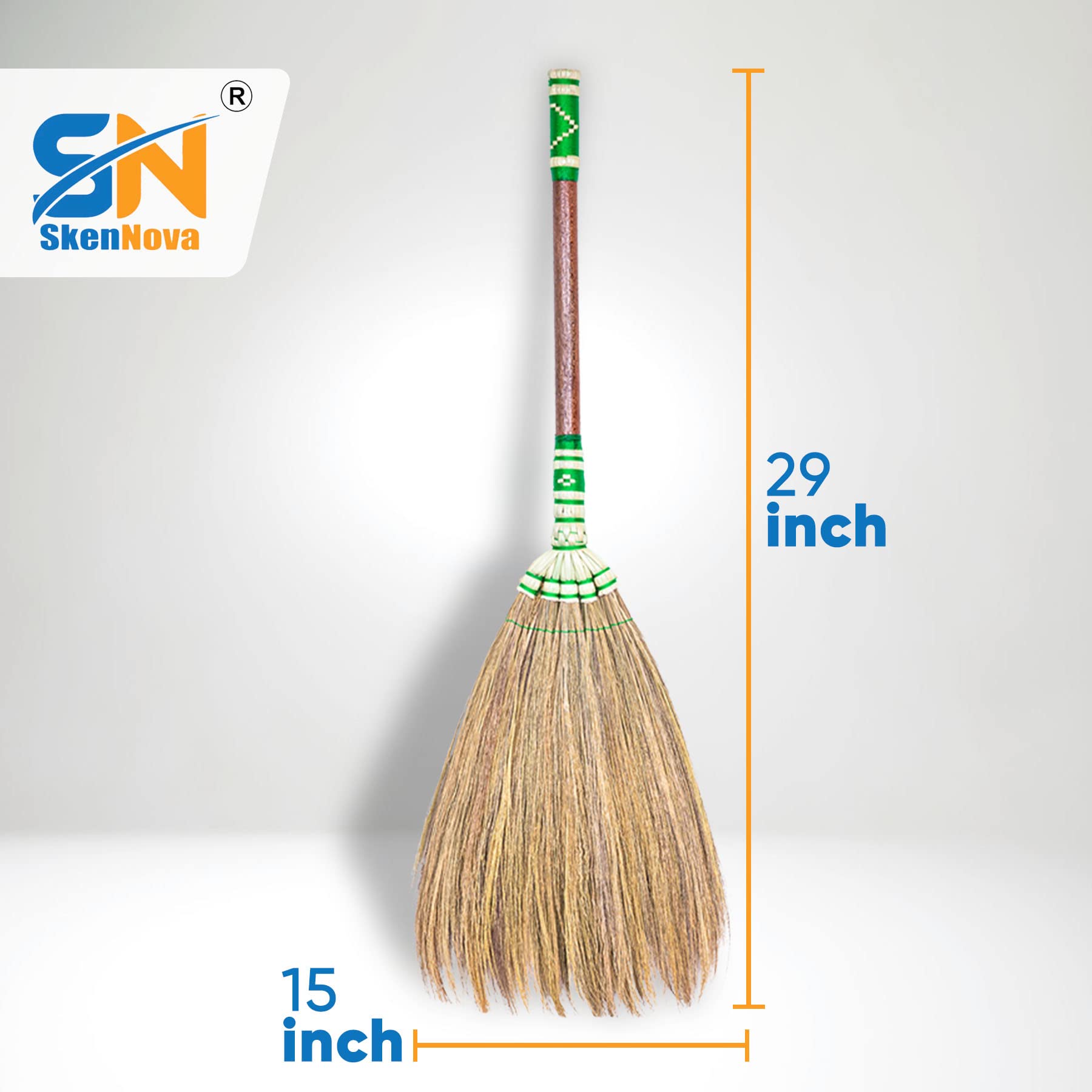 SN SKENNOVA - 28-29 inch Tall of Asian Straw Broom Thai Natural Grass Broom Whisk Broom Solid Wood Handle