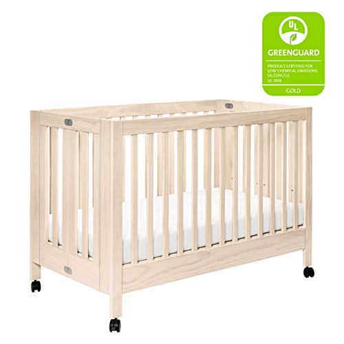 Babyletto Maki Full-Size 2-in-1 Portable Folding Crib with Toddler Bed Conversion Kit in Washed Natural, Greenguard Gold Certified