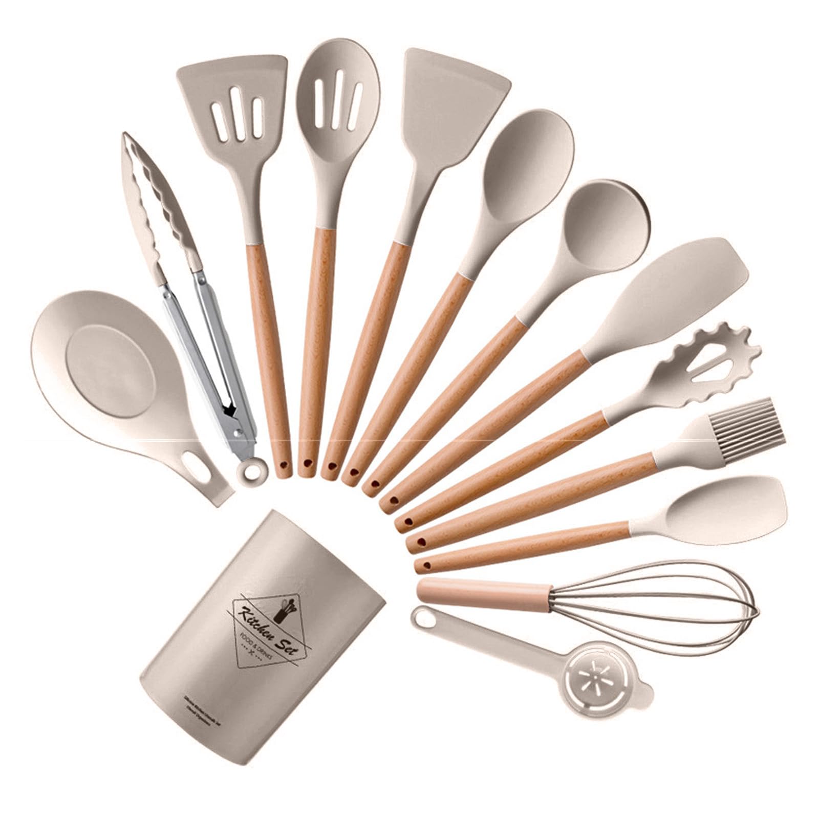 14 Pcs Silicone Kitchen Utensil Set Tongs Spoon Spatula Wood Handle Cooking Utensils Kitchen Gadget Tools Set Non Stick Heat Resistant Cooking Utensils