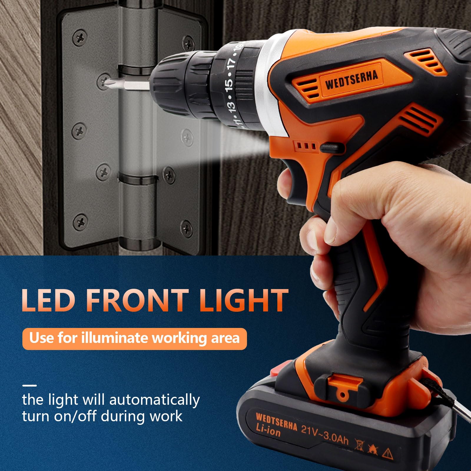 21V Cordless power drill bit&tool kit set,3/8"Keyless Chuck,25+1Clutch,Dual 2Variable speed settings:0-1500 RPM,1.5Ah Li-Ion Battery 3000mAh Rechargeable Used3~5H,life ​260times for Home tools box
