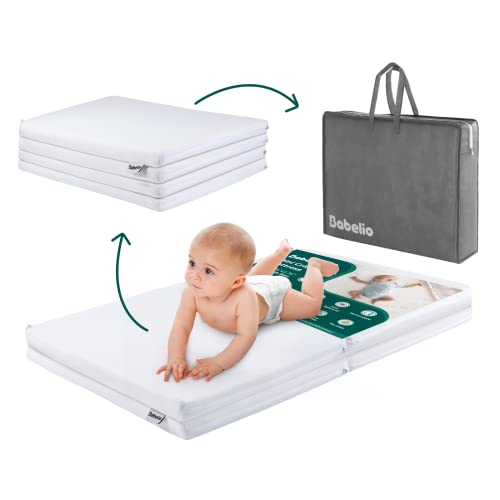 BABELIO Pack n Play Mattress Pad 38" x 26", Quatro-fold Mini Crib Mattress, Portable Foldable Pack and Play Mattress/Baby Play Mat/Playpen Mattress 3 in 1 (Travel Bag Included)