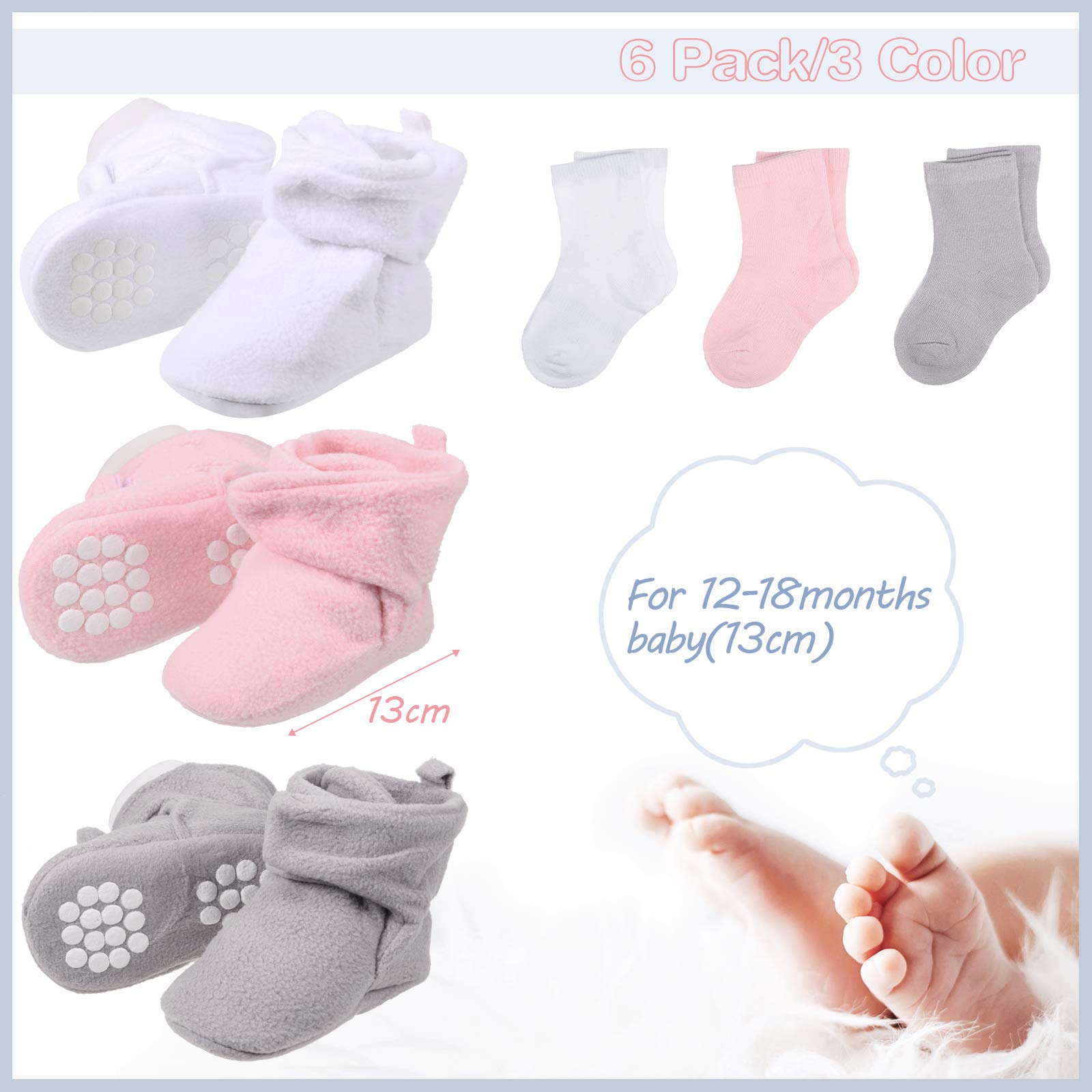 SATINIOR 3 Pairs Unisex Cozy Fleece Baby Booties with 3 Pairs Infant Cotton Socks (White, Gray, Pink,0-6 Months)