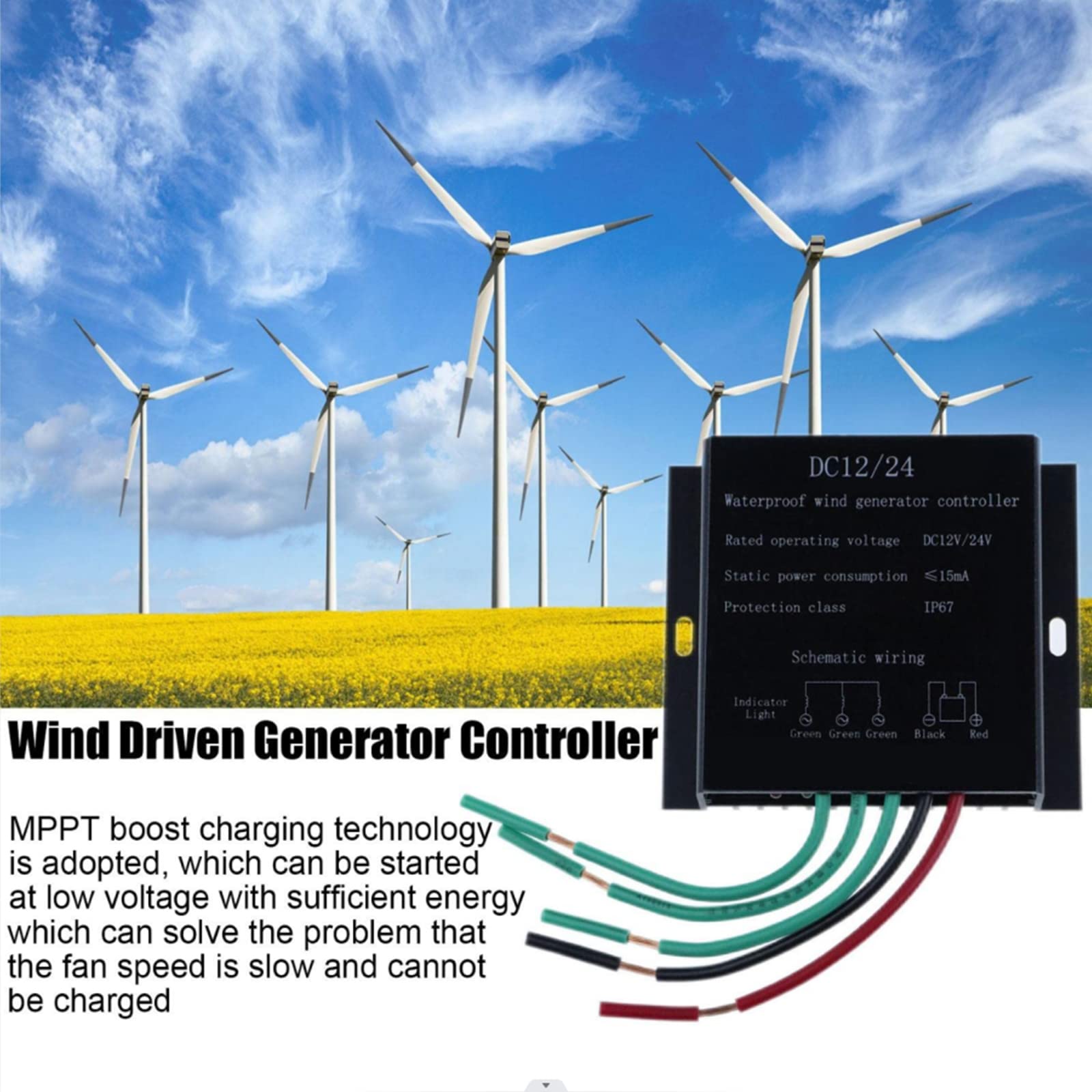 12000W Wind Turbine Charge Controller 12V 24V 48V, MPPT Charger Controller IP67 Waterproof DC MPPT Charge Controller for DC Wind Turbines(Black) ,48v