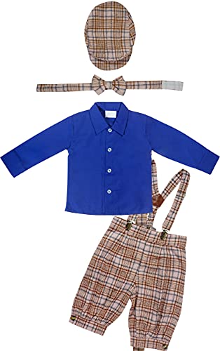 Toddler Boys Gentleman Ring Bearer Photo Formal Wear Vintage Knicker Suspender Bowtie Suit 5-pc Set Navy/Beige Plaid 4-5T