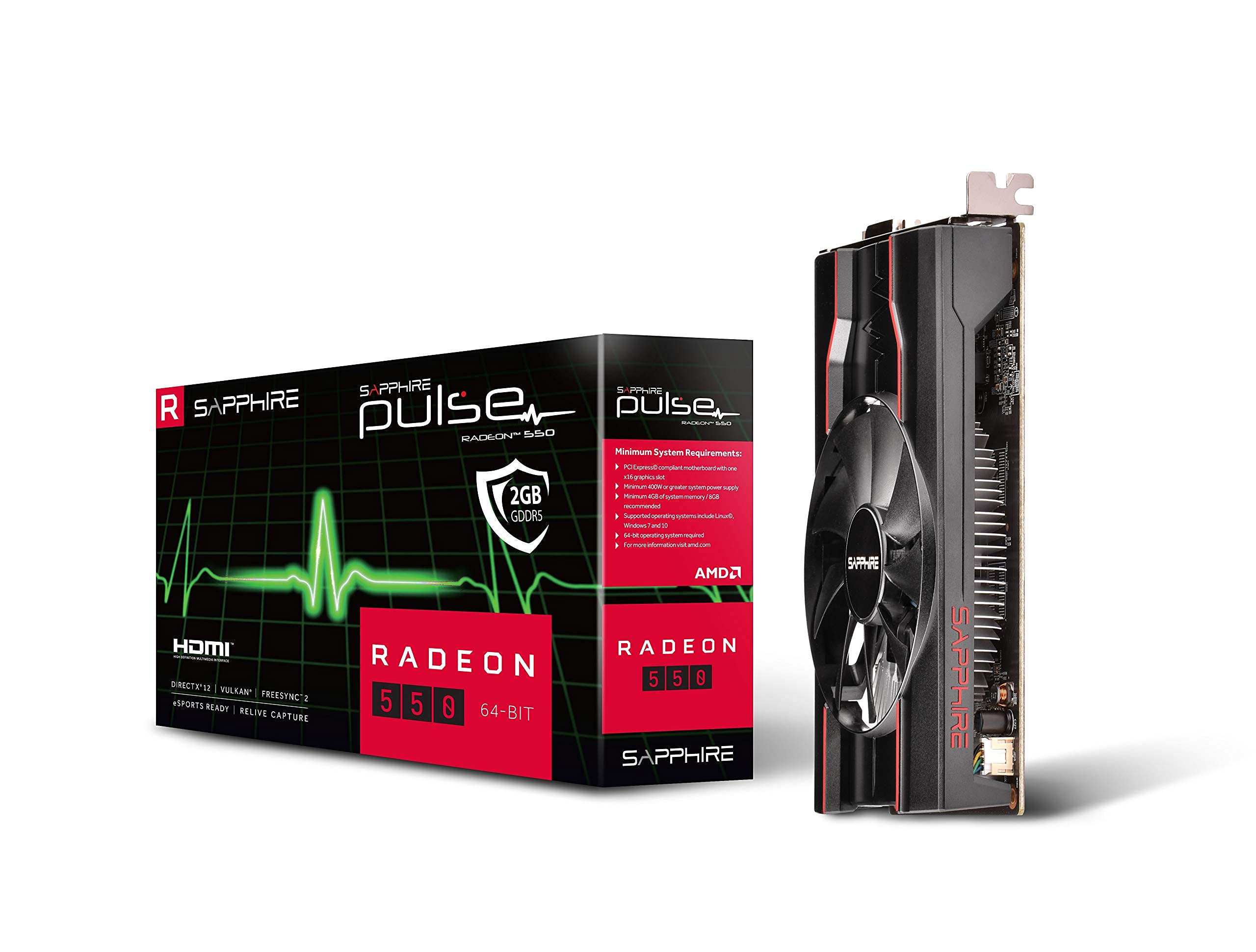 Sapphire Technology, Sapphire 11268-21-20G Radeon Pulse RX 550 2GB GDDR5 64-bit HDMI DVI-D DP OC (UEFI) PCI-E Graphics Card (Renewed)