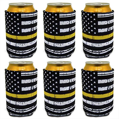 Can Cooler Sleeves USA Thin Yellow Line Flag Can Coolies Bulk Drink Beer Can Insulator Covers Collapsible Can Wraps 6Pc