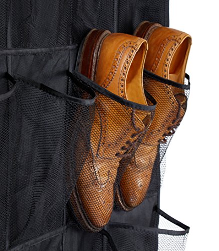 Bilpa Shoe Organizer, Over The Door Hanging Closet Rack | 24 Large Mesh Pockets Fit Up to Size 14 | Strong Metal Hooks | Sturdy Black Fabric Holder| Perfect Storage for Trainers, Boots, Sandals