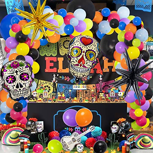 172pcs Day of the Dead Balloon Arch Garland Kit, Dia De Los Muertos Decor Colorful Balloons with Sugar Skull Cone Foil Balloons for Halloween Dia De Los Muertos Day of the Dead Decorations Supplies