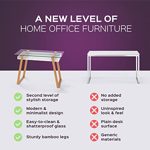bonVIVO Massimo Small Desk - 43 Inch, Modern Computer Desk for Small Spaces, Living Room, Office and Bedroom - Study Table w/Glass Top and Shelf Space - White