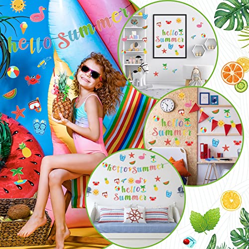 46 Pcs Hello Summer Cutouts Summer Bulletin Board Set Hawaii Ice Cream Watermelon Palm Tree DIY Paper Cutouts Wall Decals Beach Party Decorations for Classroom Kindergarten Party Supplies