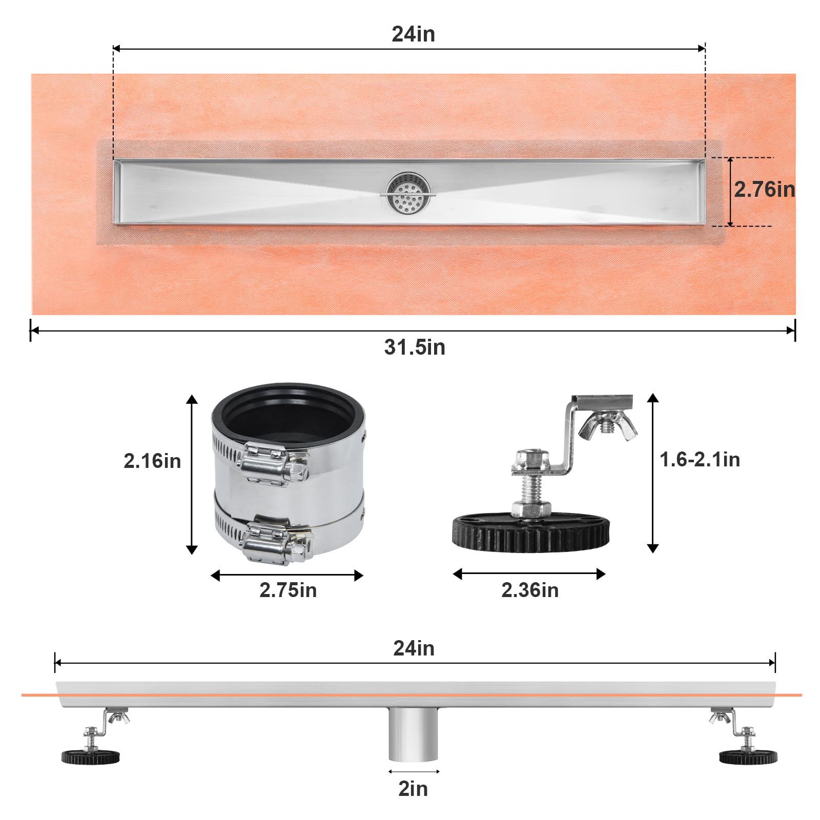 24 Inch Linear Drain Compatible with Schluter Systems Kerdi-Line with Hair Catcher 304 Stainless Steel Channel Body Shower Drain