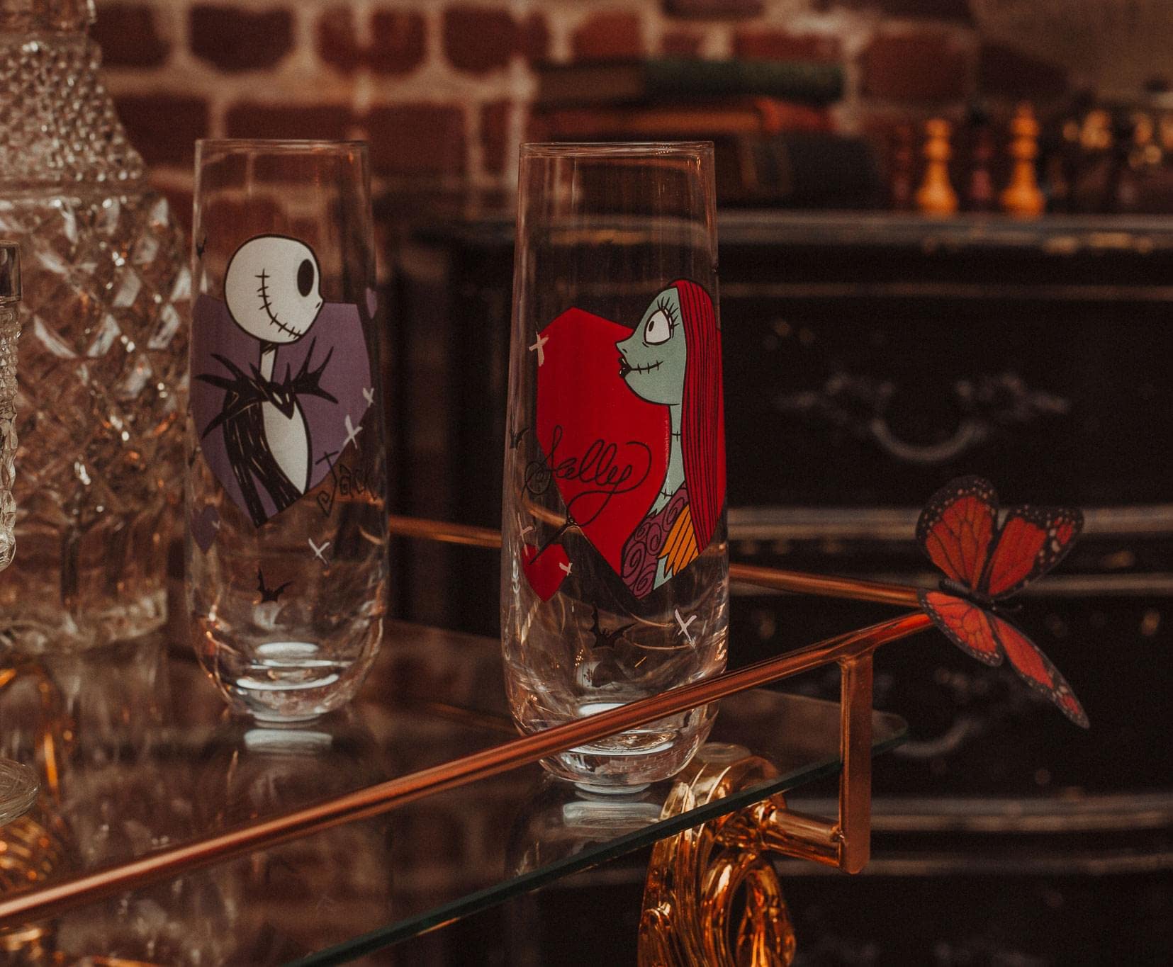 Disney The Nightmare Before Christmas Jack and Sally 9-Ounce Stemless Fluted Glassware, Set of 2 | Toasting Champagne Glass Cups For Wine, Mimosas, Cocktails | Home Bar & Kitchen Essentials