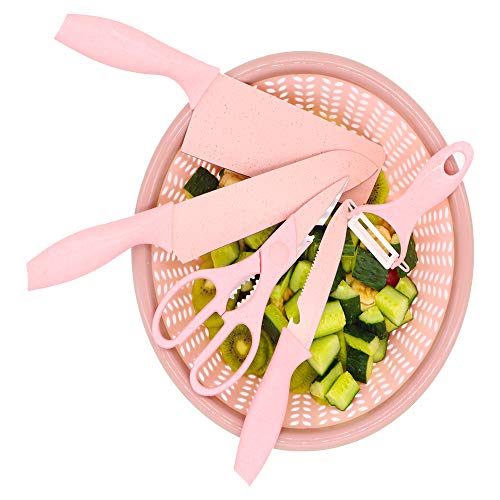 Kitchen Knife Set Pink - 5 Piece Cooking Knives, Non-Stick and Sharp Chef Knife Sets for Kitchen Cutting Meat, Scissors and Ceramic Peeler for Slicing, Paring Fruits and Vegetables