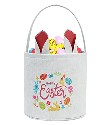 E-FirstFeeling Easter Basket Easter Bunny Basket for Kids Easter Eggs Hunt Baskets with Rabbit Ears Candy Bucket Tote for Easter Party (Light Gray)