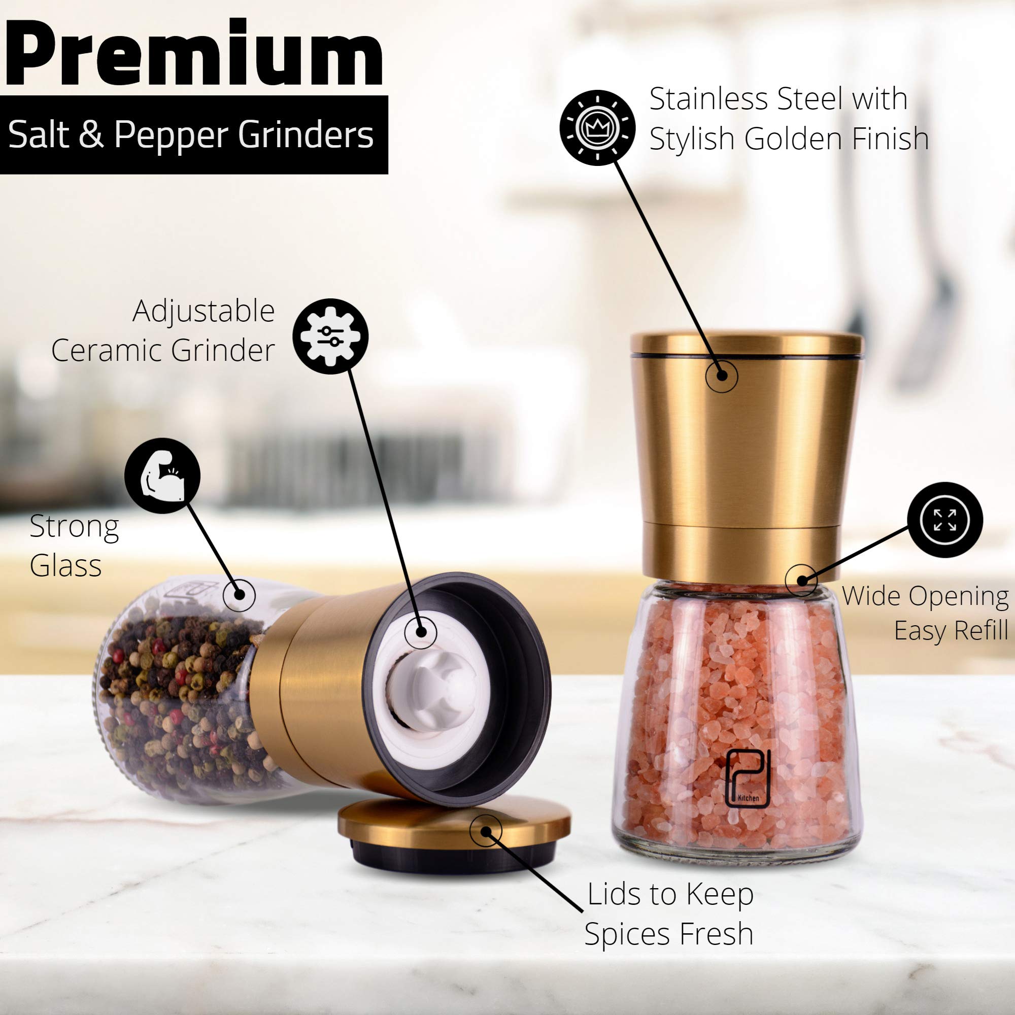 Grinder Set - Golden Salt and Pepper Shaker Mill - Brass Pepper Grinders Refillable - Adjustable Coarseness - Sea Salt, Black Peppercorn
