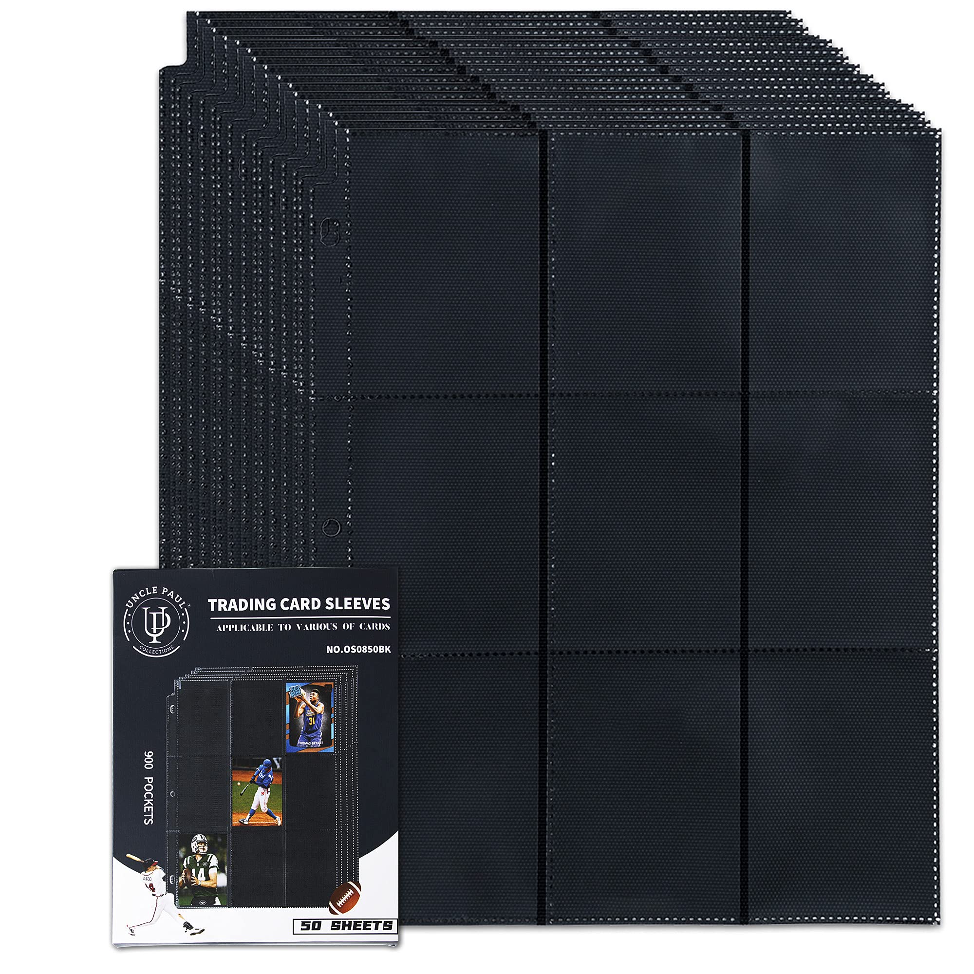 9 Pockets Trading Card Binder Sleeves Pages,900 Pockets/ 50 Sheets Card Protectors Fit 3 Ring Binder Card Sheets Double-Sided for Standard Size Cards Sport Cards Id Game Cards OS0850BK
