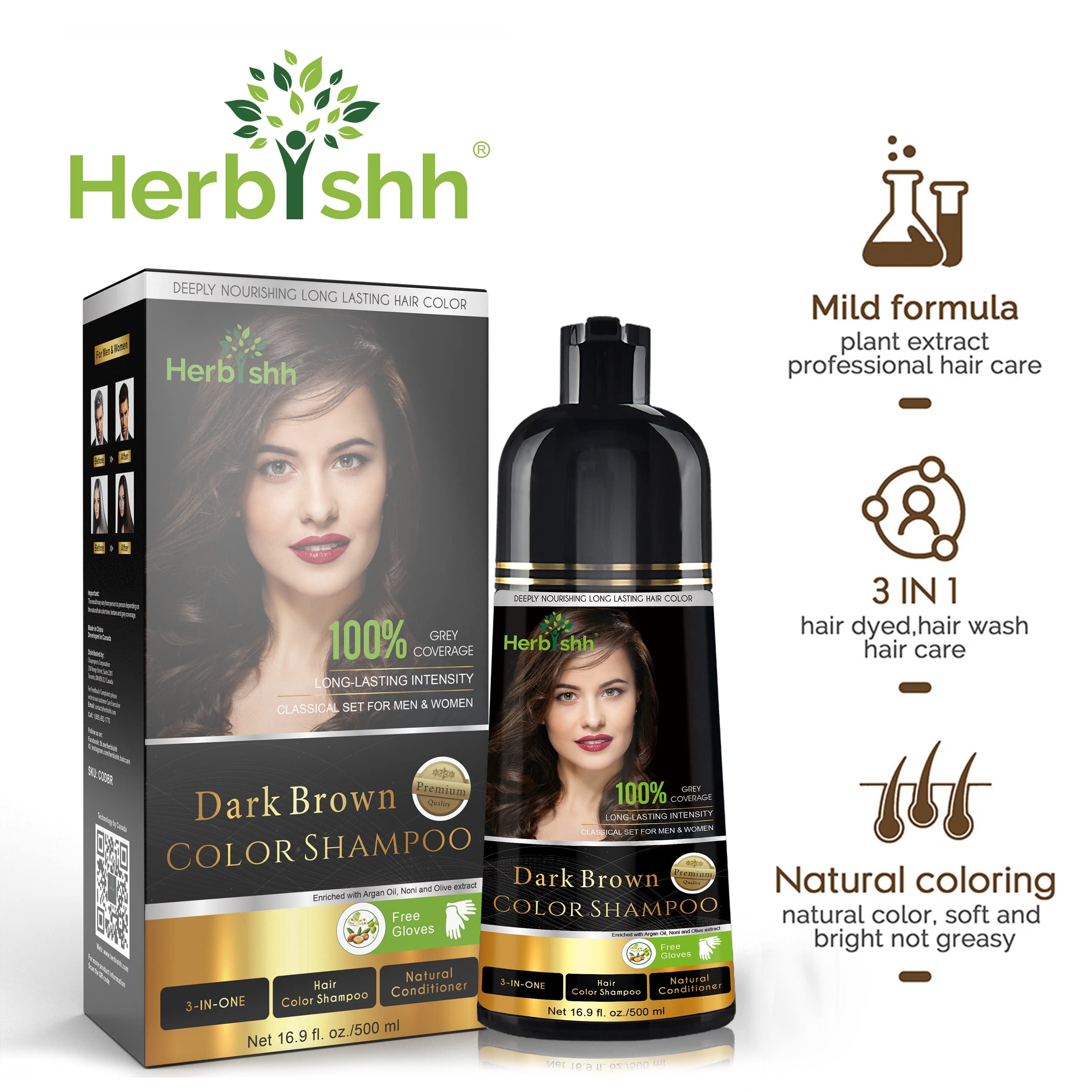Herbishh Hair Color Shampoo - Magic Dye for Gray Hair, Lasting Color in Minutes - 500 Ml, 3-In-1, Ammonia-Free (Dark Brown)