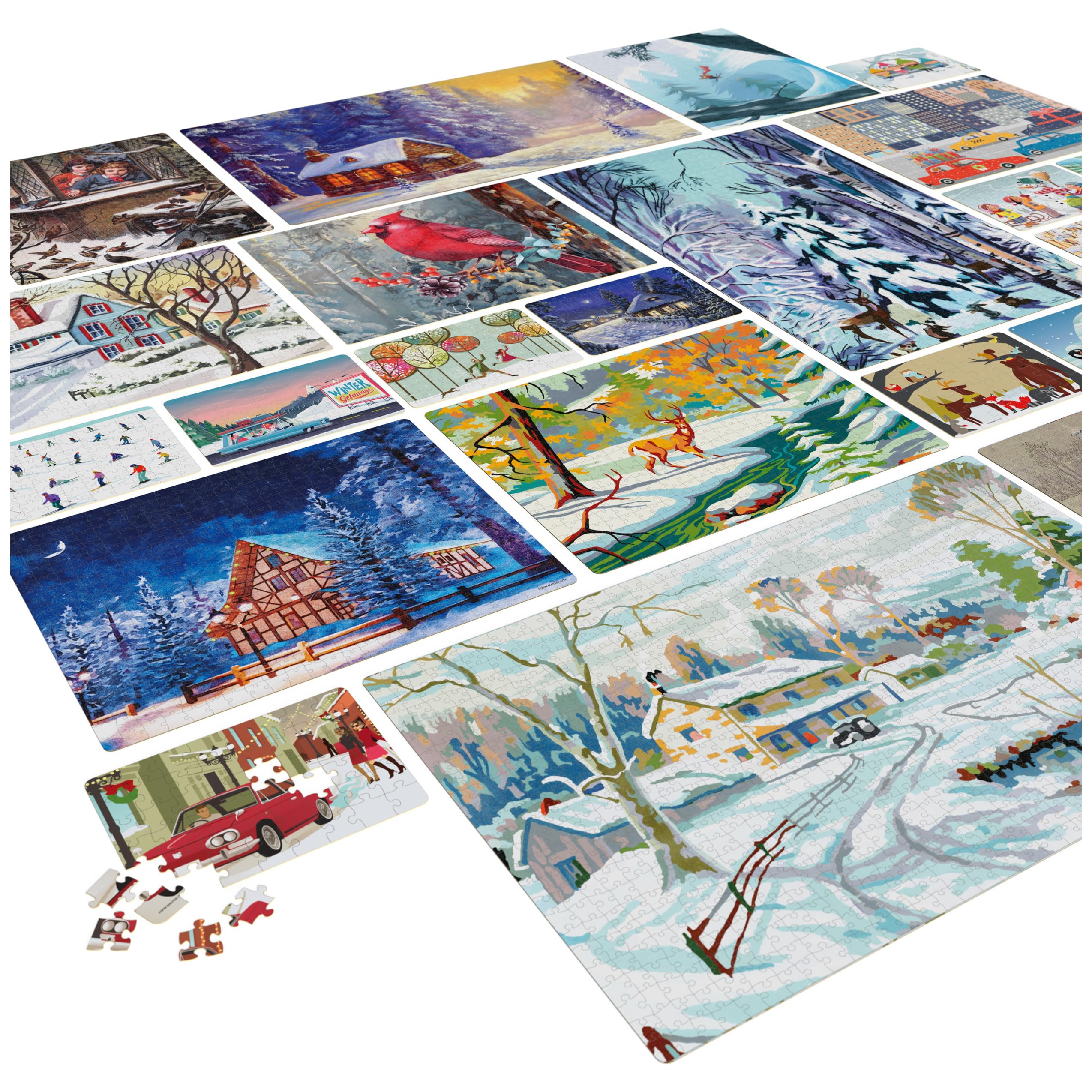 24 Jigsaw Puzzle Bundle, Holiday Winter Snow Illustration Landscape, 1000, 500, 300, 100, 48, 24 Pieces, for Kids and Adults Ages 8 and up