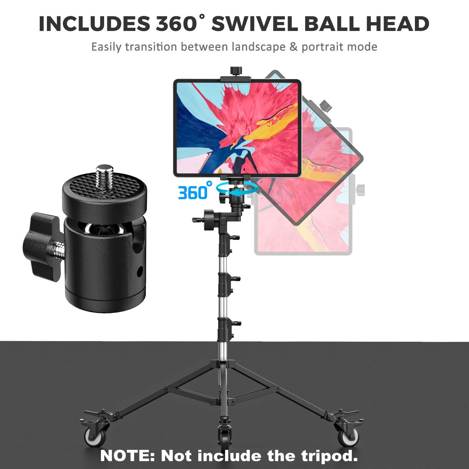 KDD iPad Tripod Mount Adapter with Ball Head, Fully Metal iPad Holder for Tripod, Phone Tablet Mount Stand Compatible with iPad Pro 12.9, iPad Air 2 3 4, iPad Mini, Galaxy Tab, iPhone (4-15β)