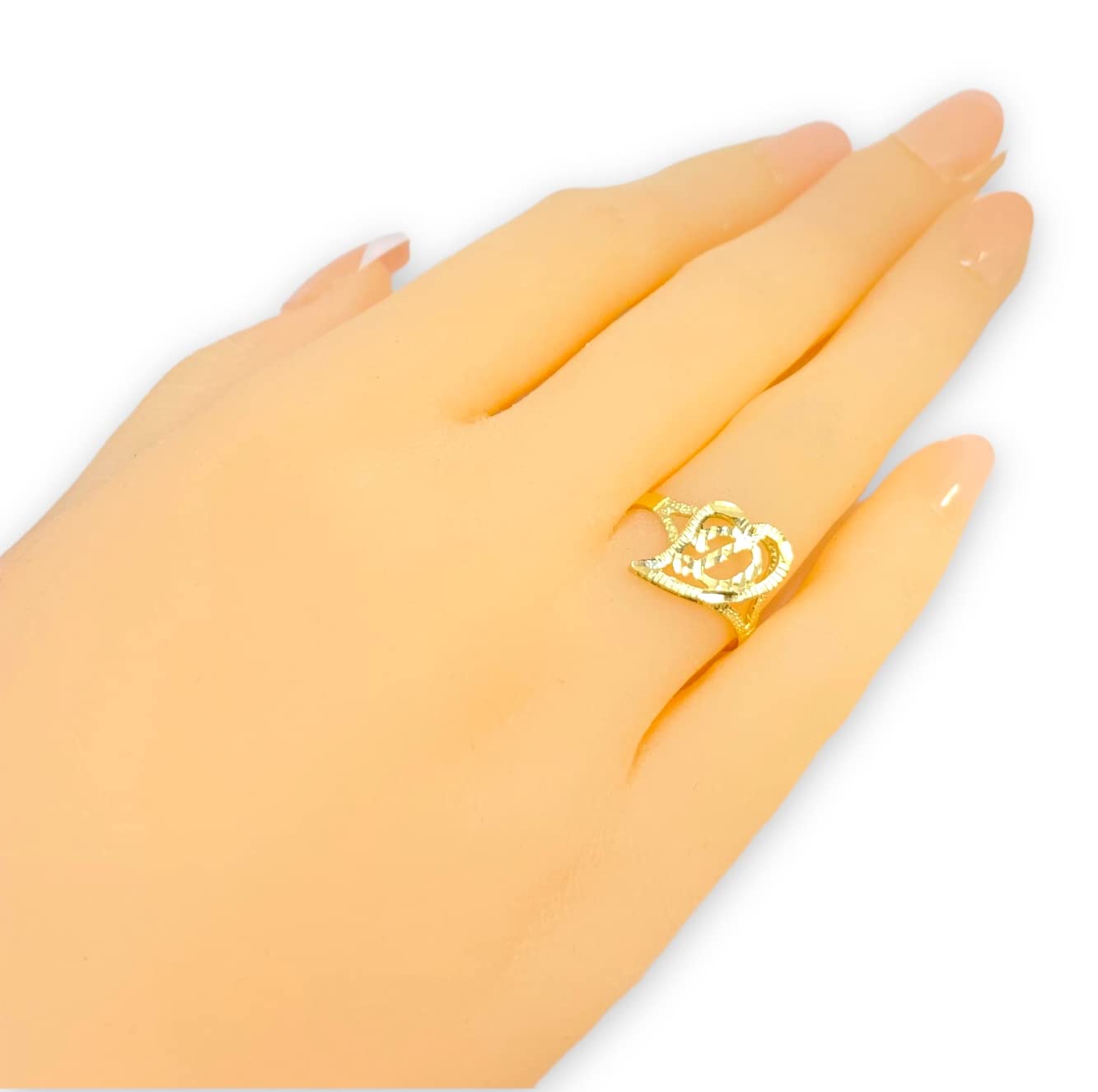 17 MM LONG LADIES SPARKLING DIAMOND-CUT HEART INITIAL CURSIVE ALPHABET LETTER RING REAL 10K YELLOW GOLD 4006 (D)