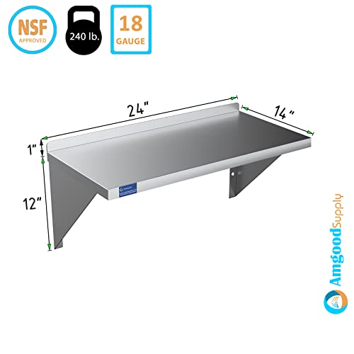 AmGood Stainless Steel Wall Shelf | Square Edge | Heavy Duty | Commercial Grade | Wall Mount | NSF Certified (14" Width x 24" Length)