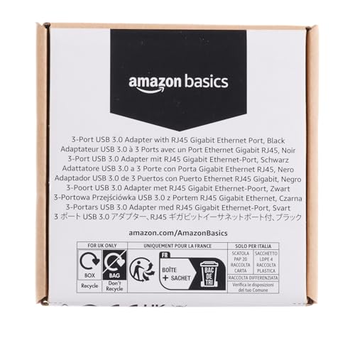 Amazon Basics 4-Port Adapter With 3 USB 3.0 USB-A Ports & 1 RJ45 Gigabit Ethernet Port, Black