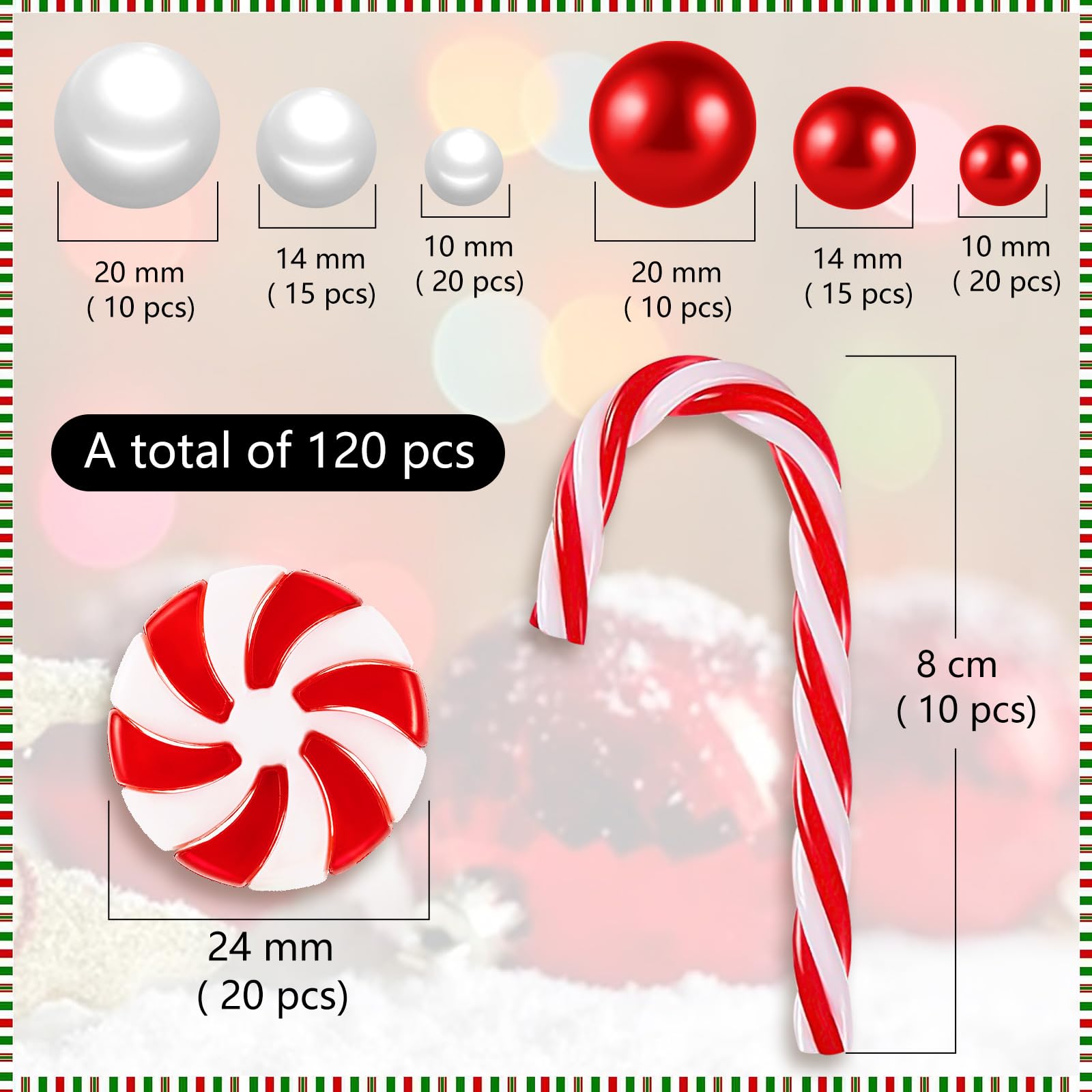 120Pcs Christmas Vase Filler, White and Red Candy Cane Pearl Beads, Christmas Filler Floating Faux Pearls for Home Table Decor