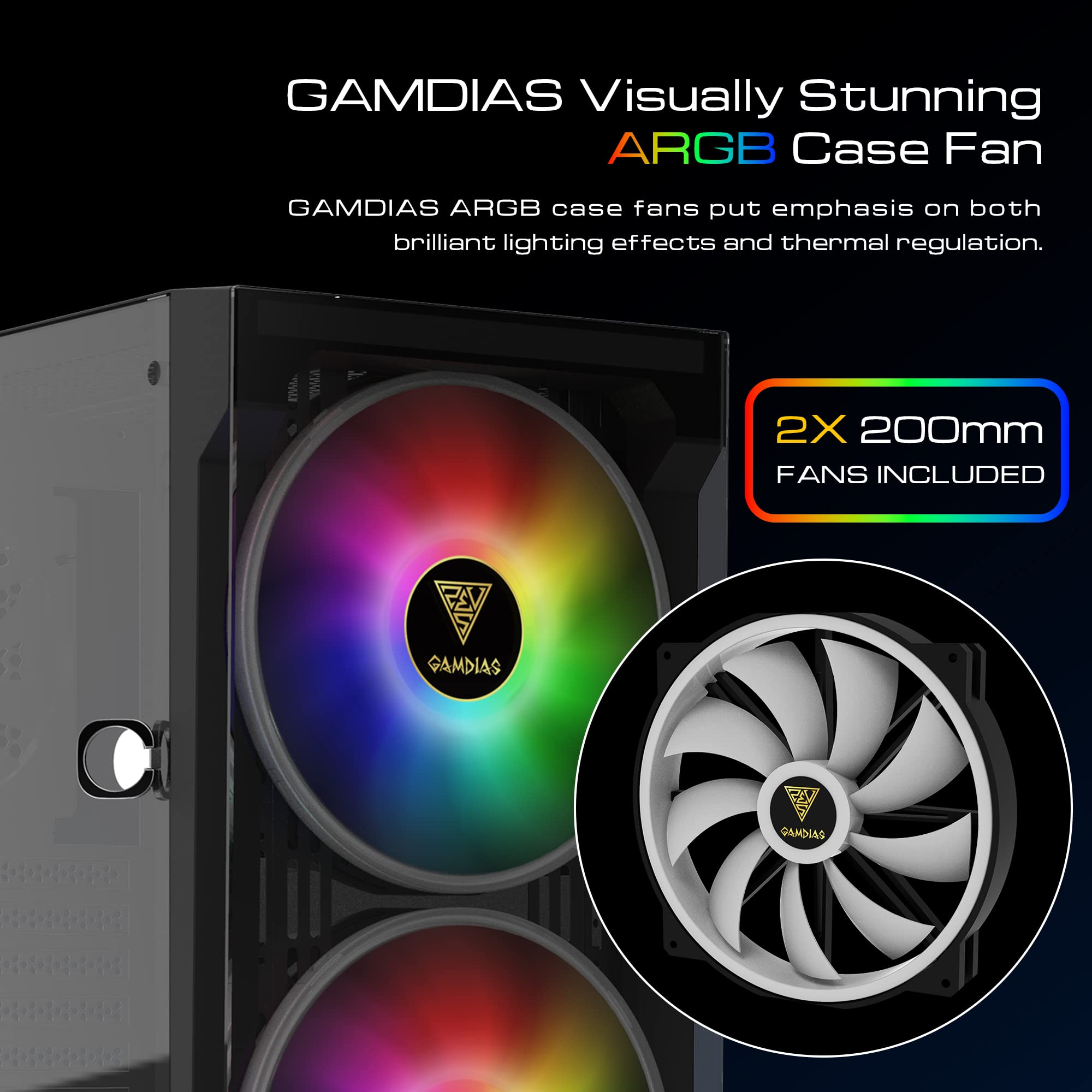 GAMDIAS Apollo E2 Elite Gaming Case Mid Tower ATX 2 x 200mm ARGB Fan Trapezoidal Tempered Glass Panel with Tool Free Installation Tempered Glass Window (Apollo E2 Elite) Black