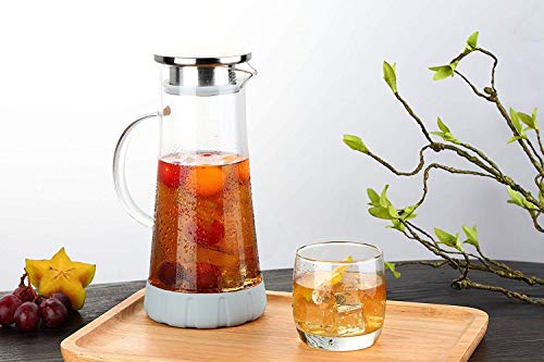 BOQO Glass Water Pitcher,50 Oz Carafe with Lid,Glass Water Jug with Particular Coaster and Brush,Glass Water Jar