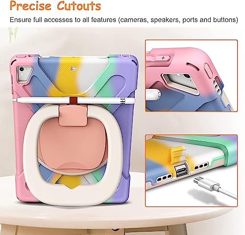 KENOBEE Case for iPad 9.7 6th/5th 2018/2017 / Air 2 / Pro 9.7, 360° Rotating Multi-Functional Handle-Kickstand Shockproof Cover Built-in Screen Protector & Shoulder Strap, Rainbow Pink