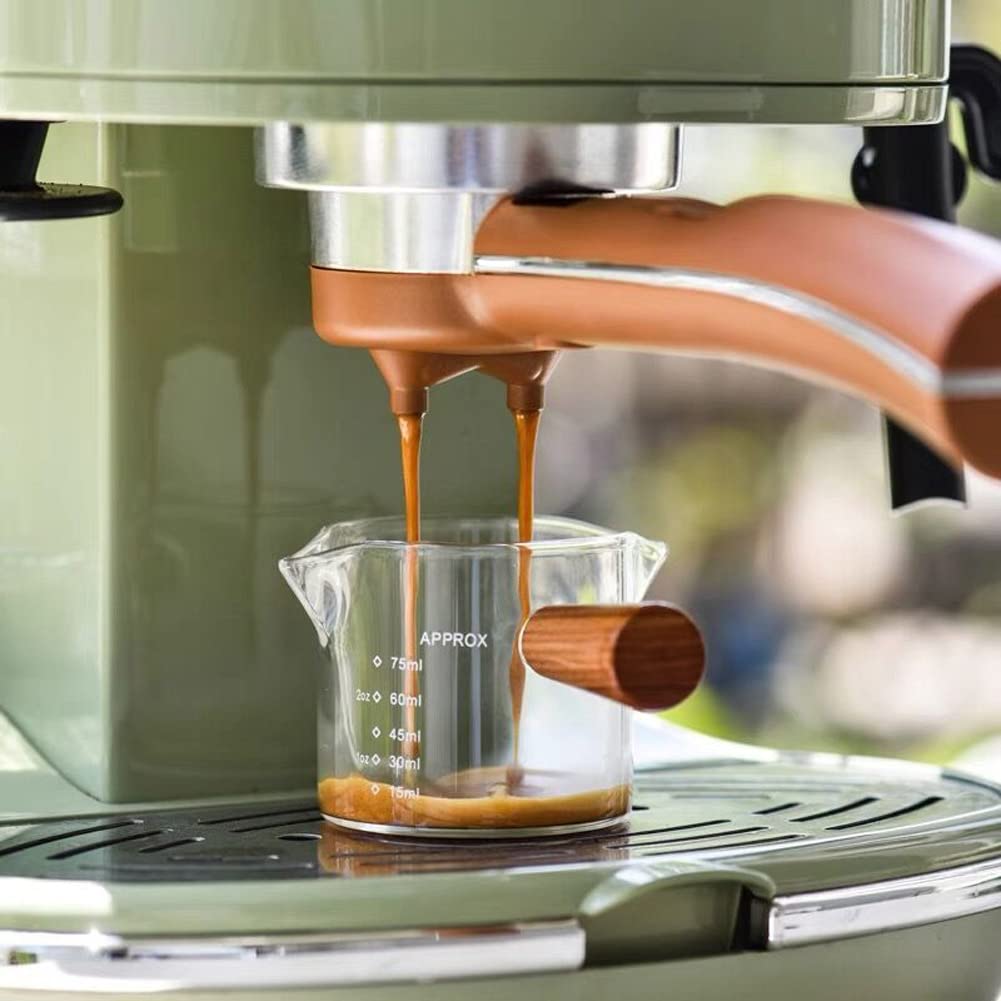 2 Pack Double Spout Espresso Coffee Shot Glass with Wood Handle Measuring Triple Pitcher Milk Cup 75 ml Coffee Replacement Carafe for Barista Coffee Carafe Milk Espresso Making