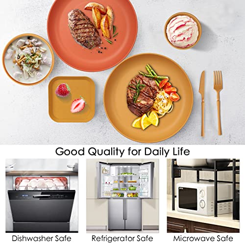 48 Pcs Wheat Straw Dinnerware Sets, Unbreakable Plates and Bowls Sets, Reusable Dinnerware Sets for 4 People, Travel Camping Picnic Home Party Cutlery Set, Dishwasher Microwave Safe Dishes