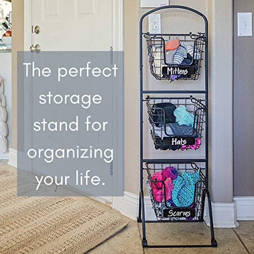 BIRDROCK HOME 3-Tier Wire Market Basket Stand with Chalk Label - Snack Fruit Vegetable Produce Metal Hanging Storage Bin for Kitchen Pantry - Free-Standing or Stacking Organizer - Black