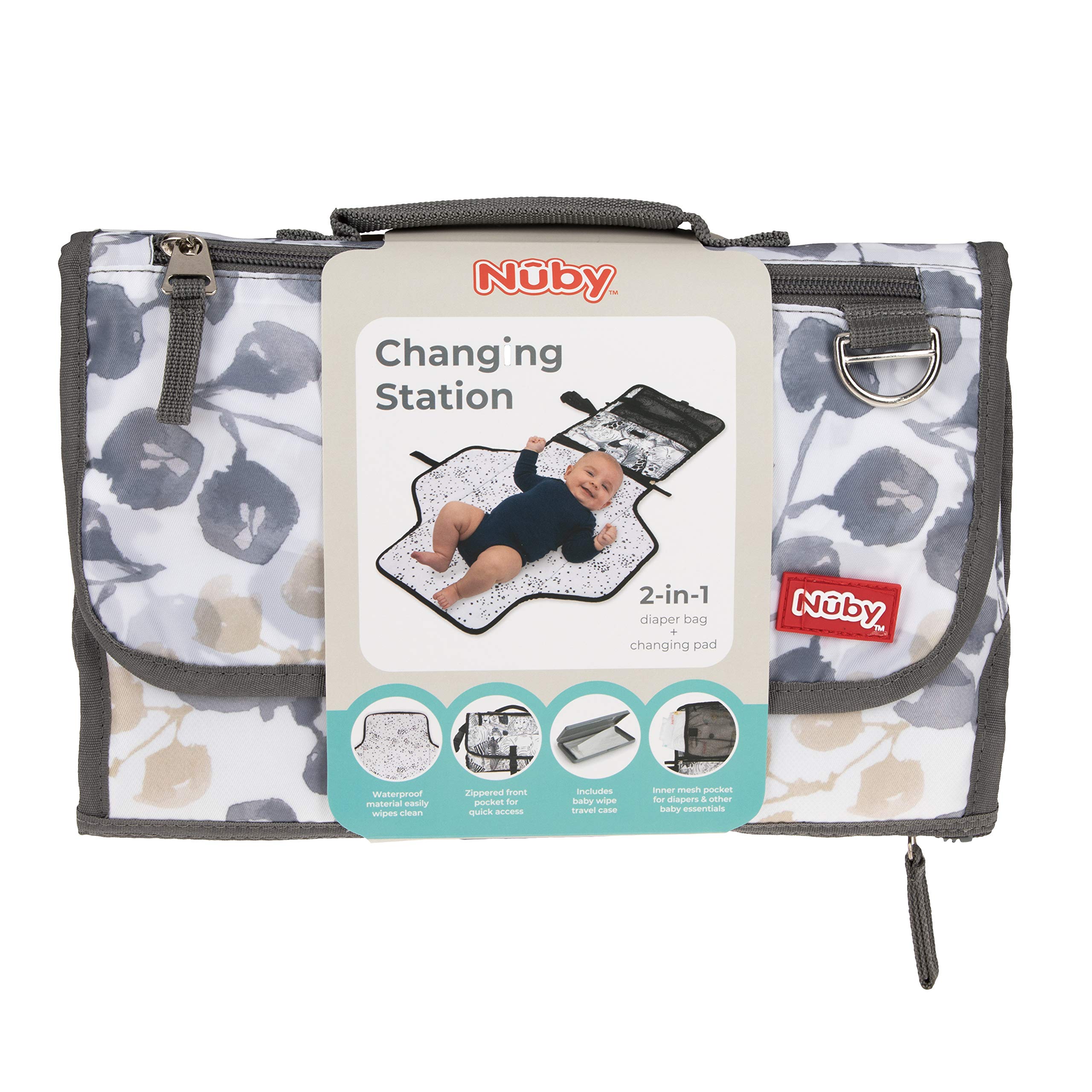 Nuby Portable Baby Changing Pad Station, Quick Wipe Clean Changing Mat with Built-in Pillow, Floral Print
